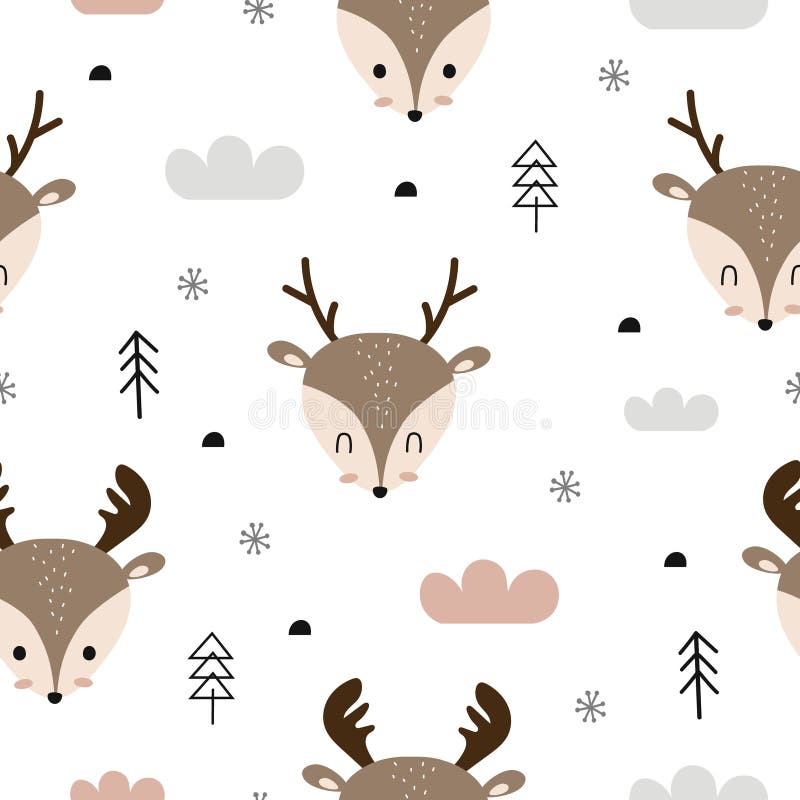 Seamless Vector Pattern with Cute Deer Heads, Forest and Snowflake ...