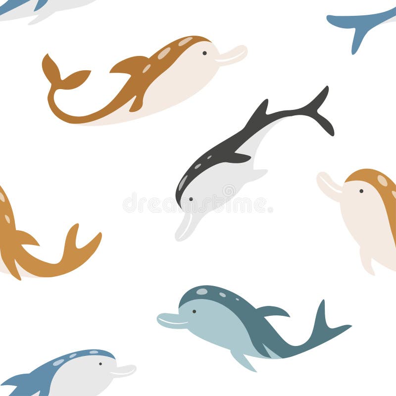 Seamless Vector Pattern with Cute Dolphins Isolated on a White Background. Vector Flat ...