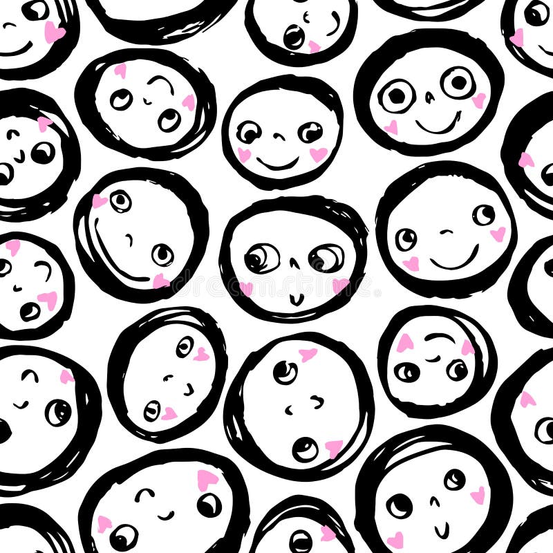 Seamless Vector Pattern with Cute Doodle Faces with Smiles in Black ...