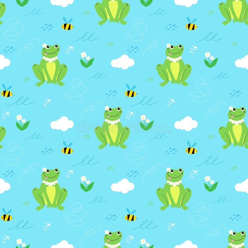 Seamless Vector Pattern with Cute Frog and Bee, Daisies and Clouds ...