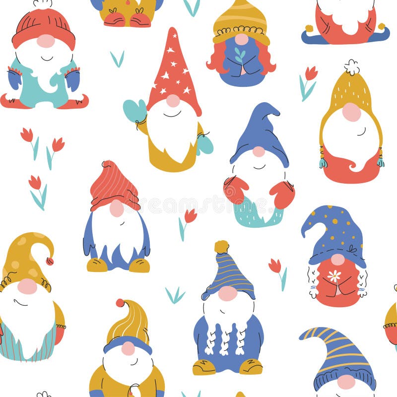 Seamless Vector Pattern with Cute Hand-drawn Dwarf Cartoon Characters ...