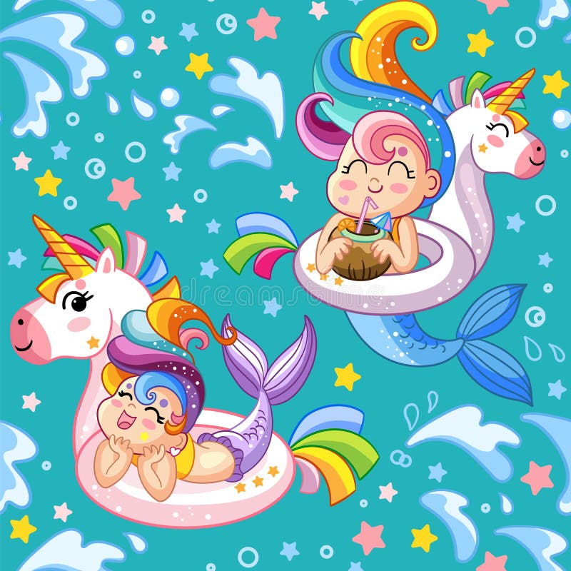 Seamless Vector Pattern Cute Mermaids and Inflatable Circles Stock ...