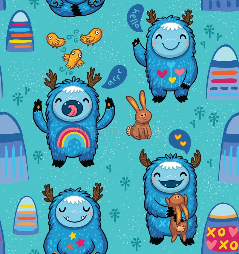 Cute Monsters Friendly Seamless Pattern. Vector Illustration Stock ...