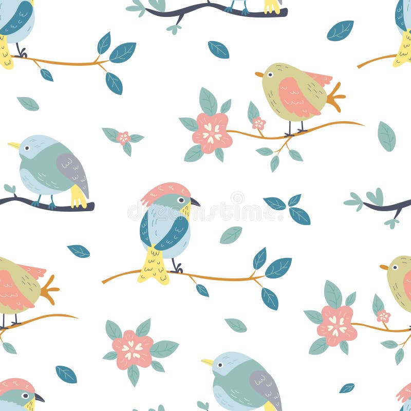 Seamless Vector Pattern with Cute Spring Birds Stock Vector - Illustration of blossom, elegance ...