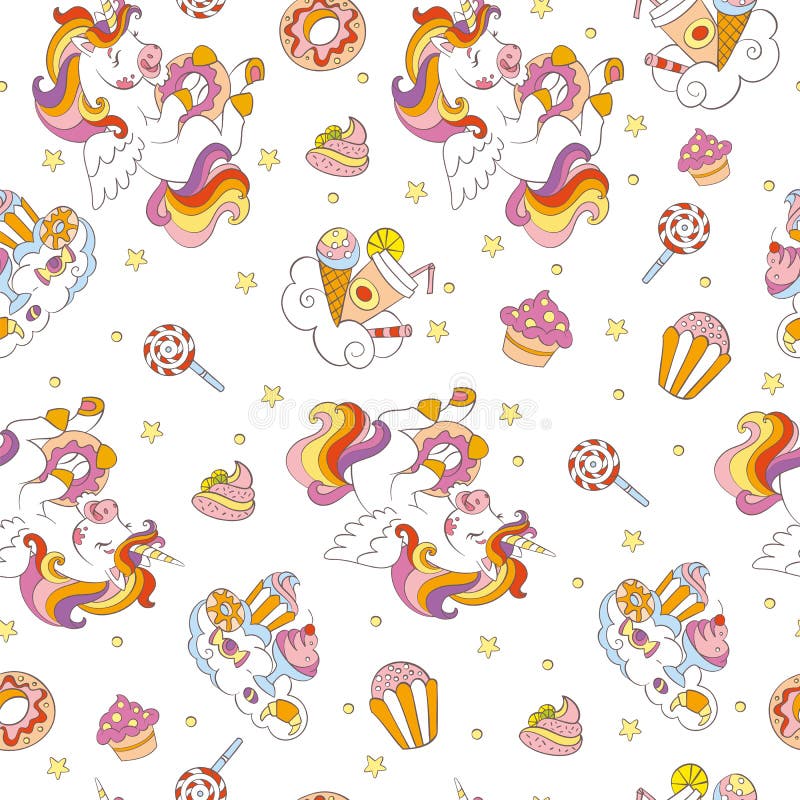 Seamless Vector Pattern with Cute Unicorns and Sweets on White Stock Vector - Illustration of ...