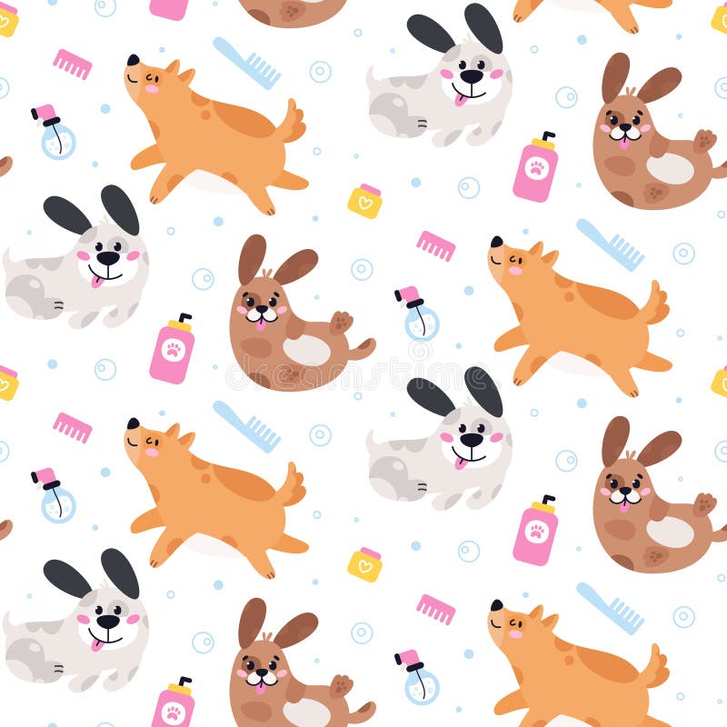 Seamless Vector Pattern with Dog Pet Grooming. Caring about Pet. Dog Washing and Barber Service ...