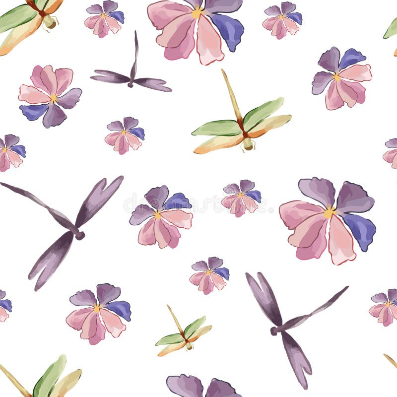 Seamless Vector Pattern with Dragonflies on a Floral Background. Stock ...