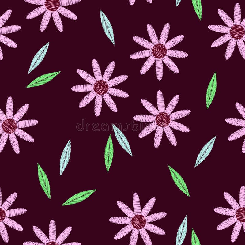 Seamless Vector Pattern: Embroidered Pink Daisy Flowers with Leaves ...