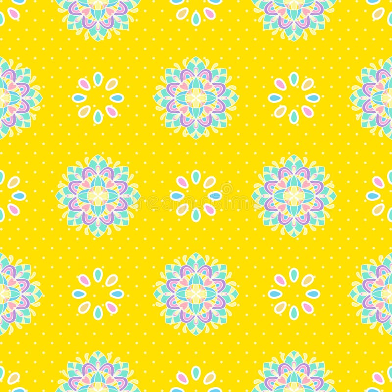 Cheerful Pastel Mandala Pattern – Seamless Vector on Yellow Polka Dot ...