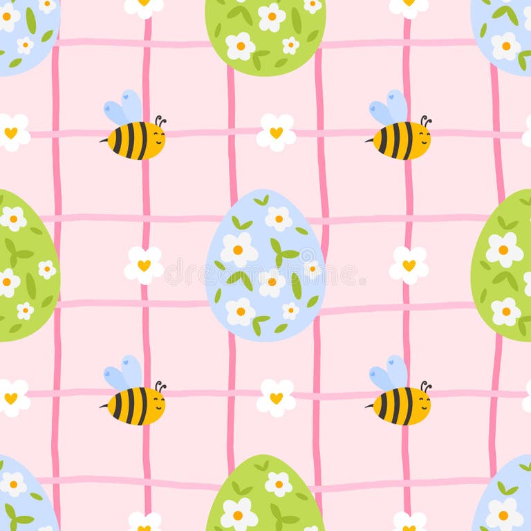 Seamless Vector Pattern Featuring Easter Eggs, Buzzing Bees, and ...