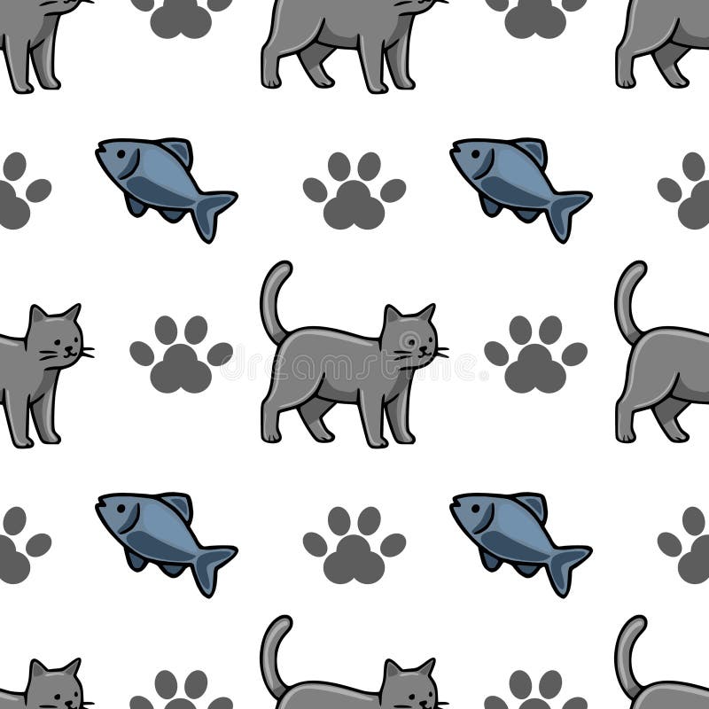 Seamless Vector Pattern Featuring Playful Grey Cats, Blue Fish, and Paw ...