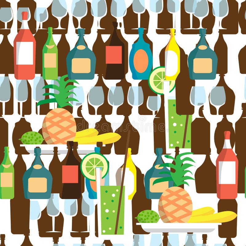 Seamless Vector Pattern with Flat Bottles of Alcoholic Beverages Stock ...