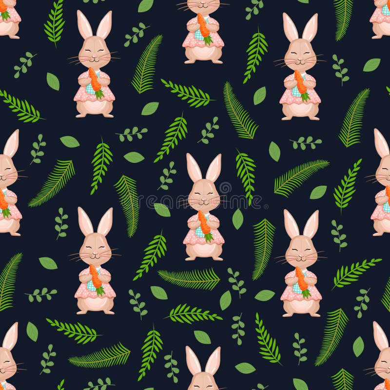 Seamless Vector Pattern with Forest Rabbit, Carrot and Leaves. Vector ...