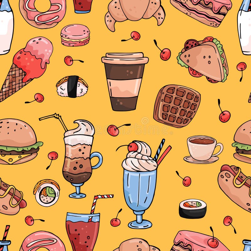 Seamless Vector Pattern with Hand Drawn Food and Drinks Stock Vector ...
