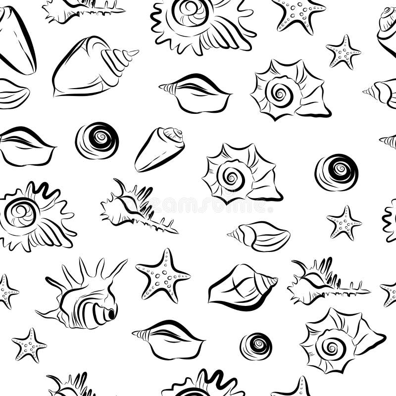 Seamless Vector Pattern with the Image Seashells. Graphic, Black and ...