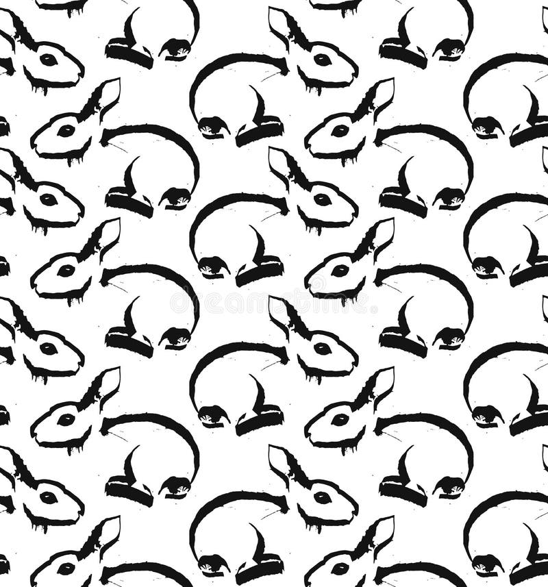 Seamless Vector Pattern with Ink Drawing Rabbits with Splashes and ...