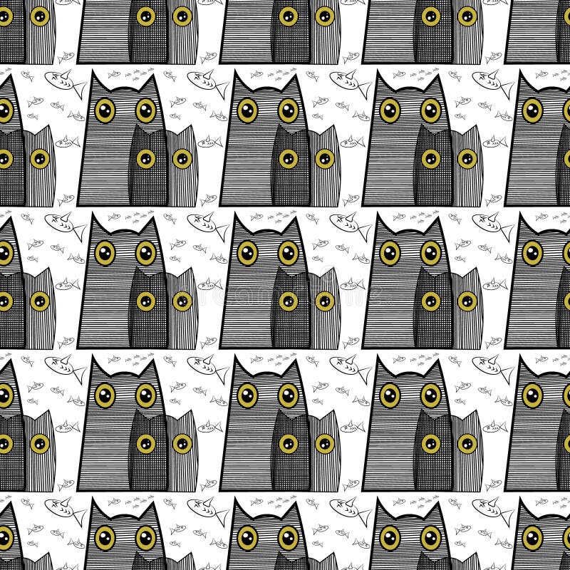 Seamless Vector Pattern Line Cats Cartoon Style on Transparent ...