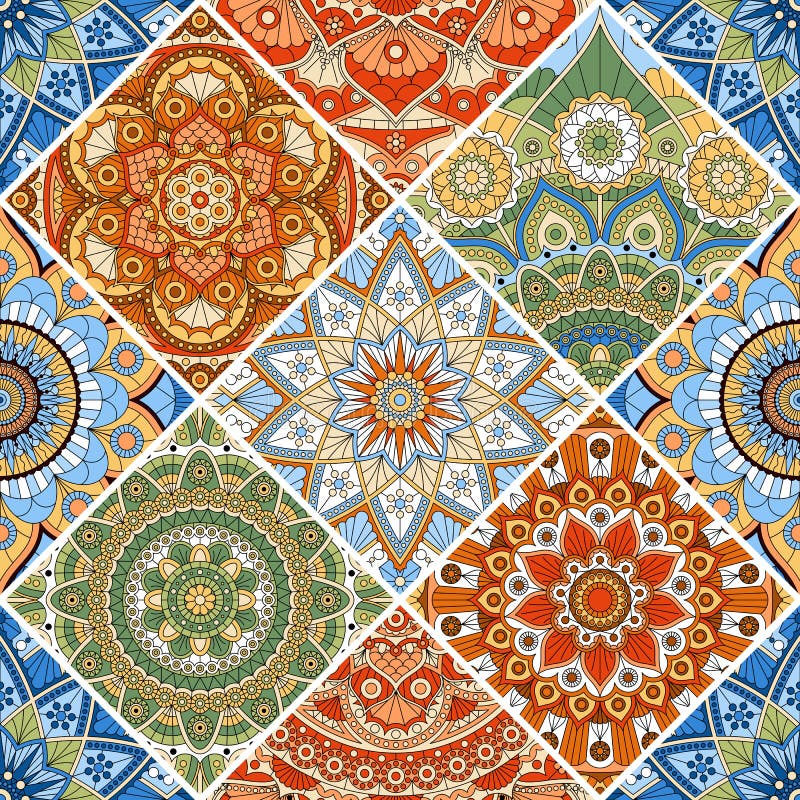 Seamless Vector Pattern with Mandalas. Colorful Print Fashion Patchwork ...