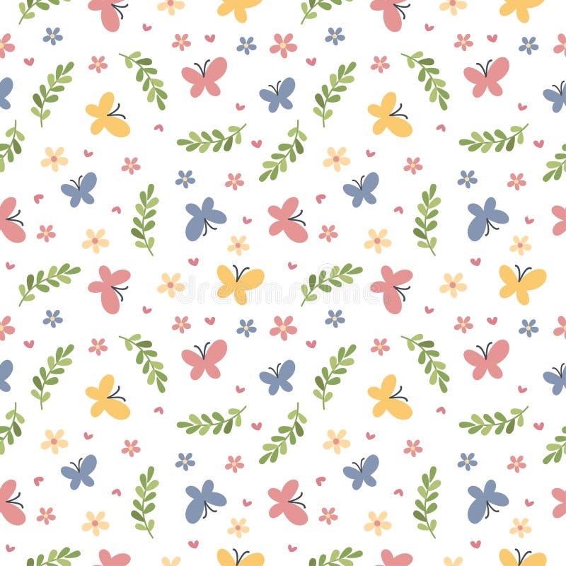 Seamless Vector Pattern. Multicolored Butterflies, Flowers and Leaves ...