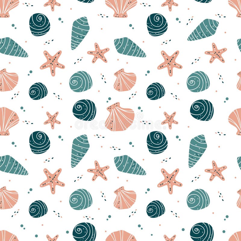 Seamless Vector Pattern with a Nautical Theme. Cute Shells and Starfish ...