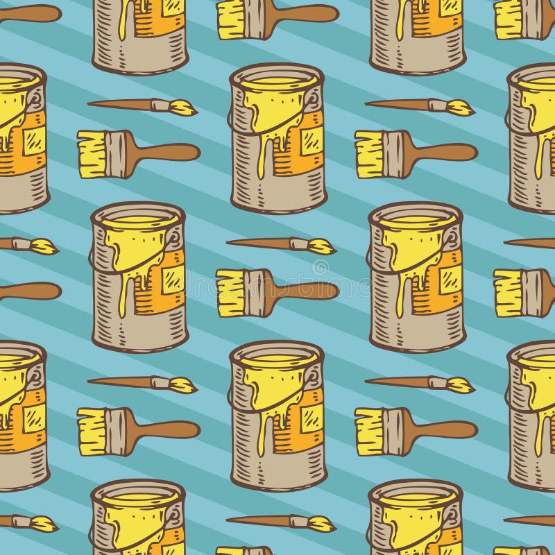 Seamless Vector Pattern. Paintbrushes and Tin Cans with Yellow Paint ...