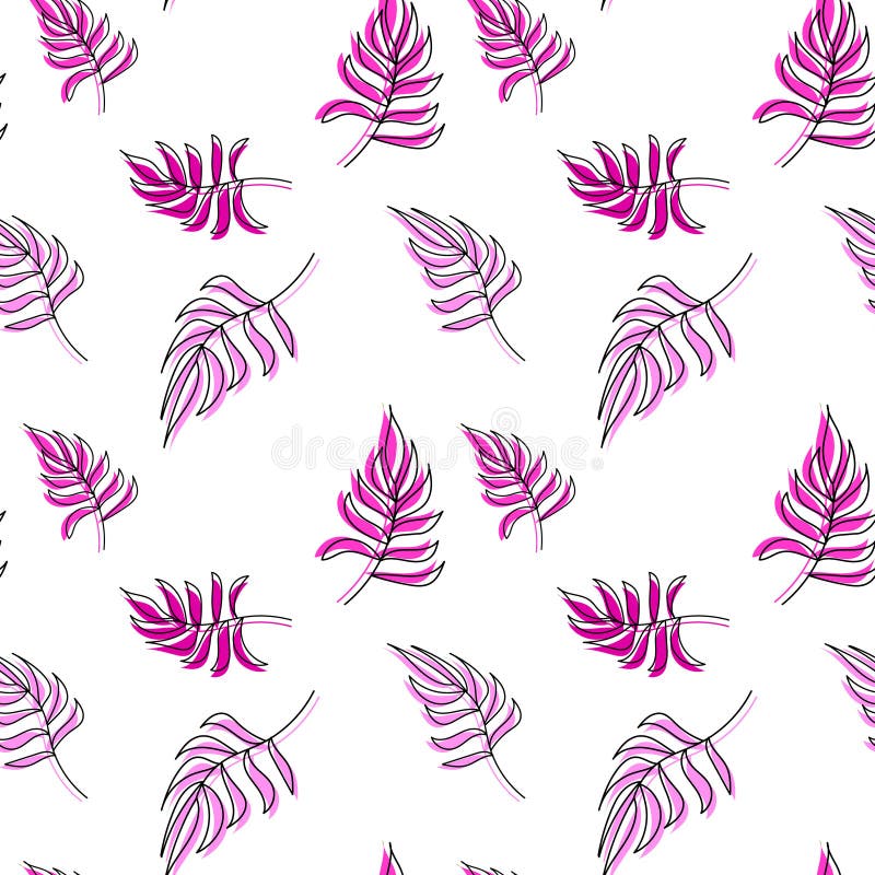 Seamless Vector Pattern Palm Leaves Pink Leaf And Outline On Background For Textiles Packaging