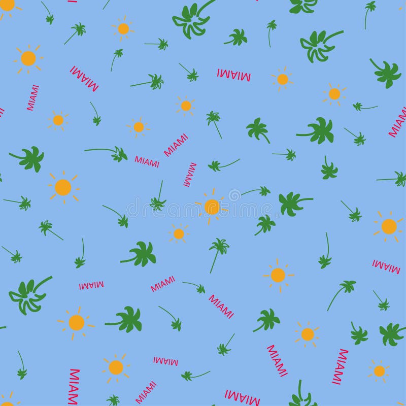 Seamless Vector Pattern with Palm Trees, Miami Lettering and Sun on a ...