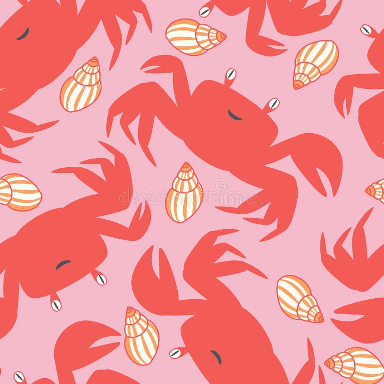 Seamless Vector Pattern with Pink Crabs and Shells Stock Vector ...