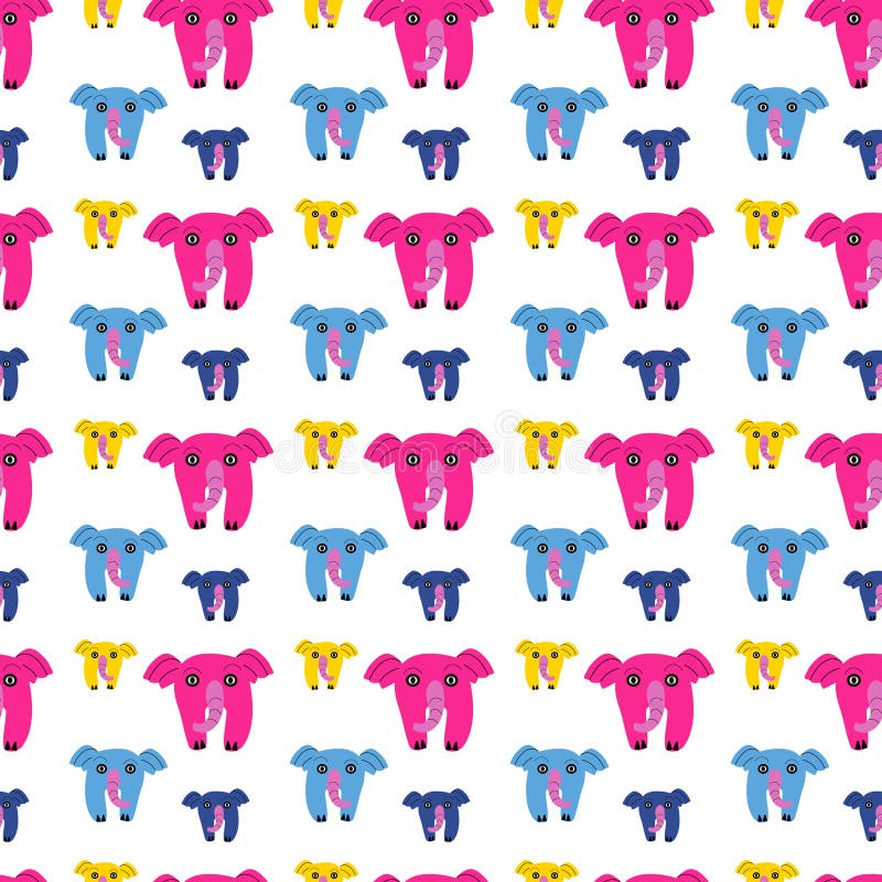 Seamless Vector Pattern with Pink Elephants in Doodle Cartoon Style on ...