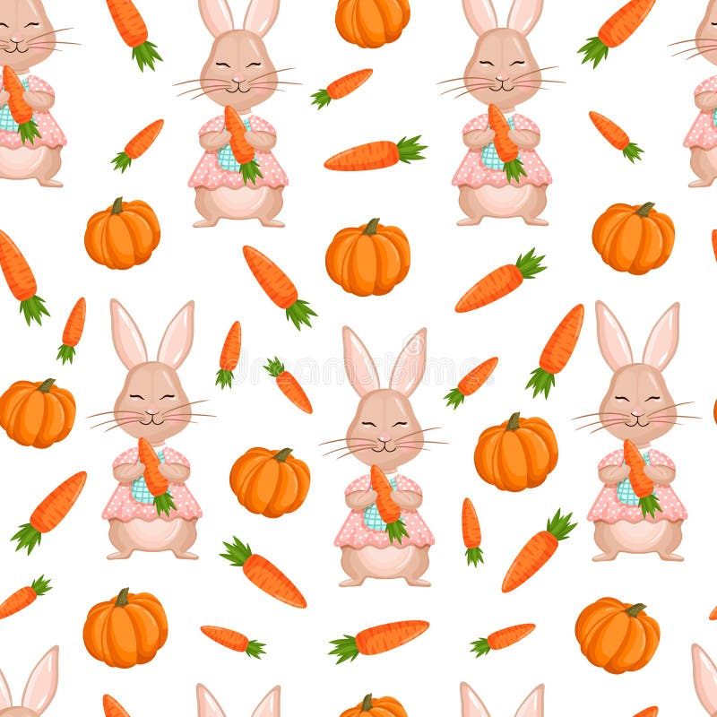 Seamless Vector Pattern with Rabbit, Carrot and Pumpkin. Vector ...