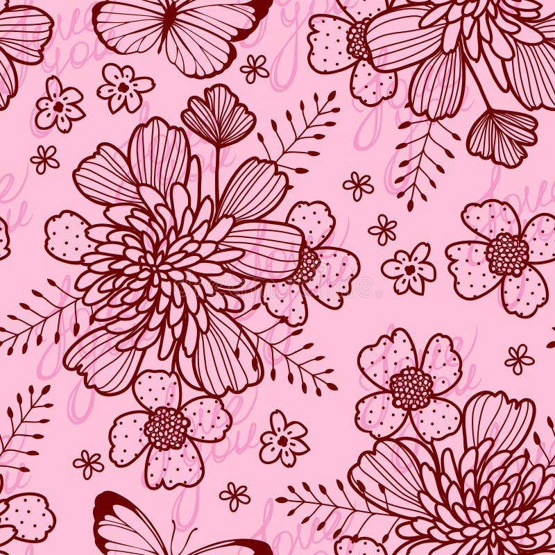 Seamless Pattern with Red Contour Stylized Flowers and Butterflies on a ...