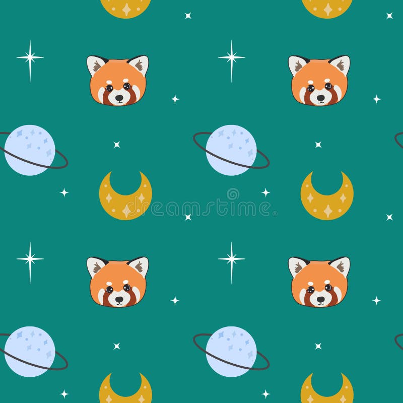 Seamless Vector Pattern with Red Panda, Moon and Planet. Trendy Baby ...
