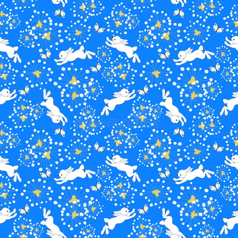 Seamless Vector Pattern with Running Rabbits and Dandelions on Blue ...