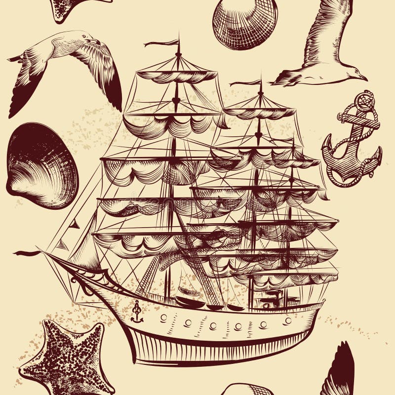 Vector Set of Vintage Elements on Marine Theme with Ship and Swirls ...