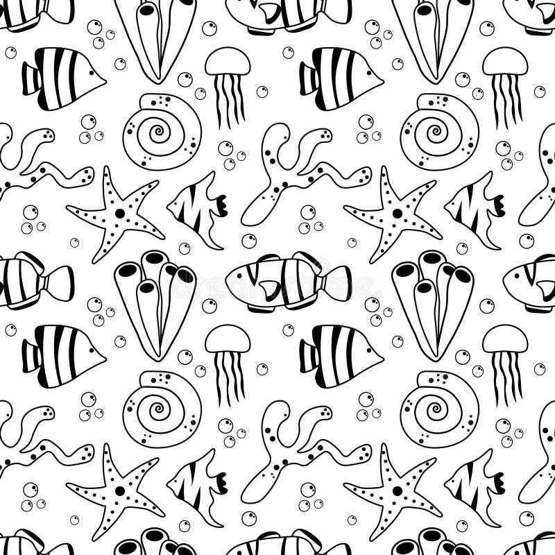 Seamless Vector Pattern with Sketch of Fish, Sea Shells and Stars. Sea ...