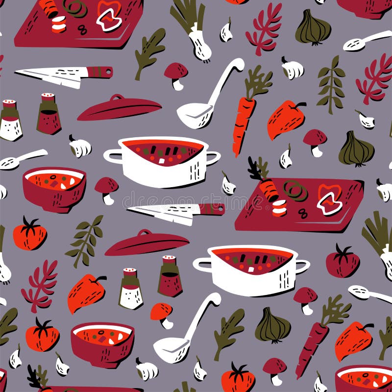 Doodle Hand Drawn Vegetable Soup Seamless Pattern. Vector Illustration ...