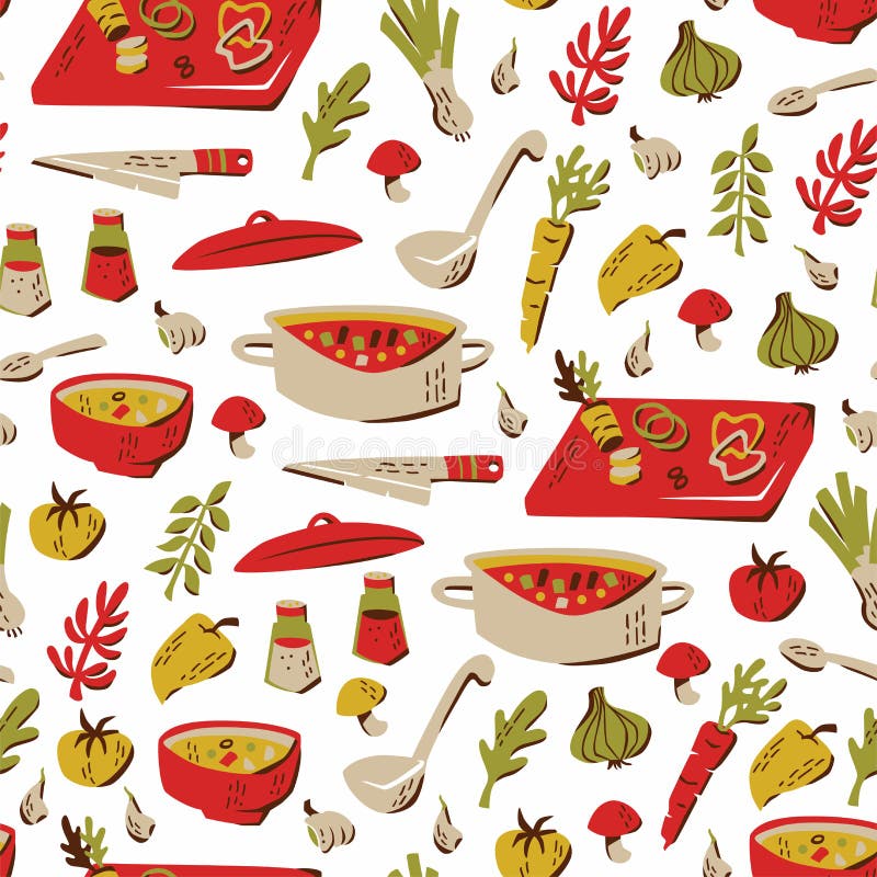 Seamless Vector Pattern with Soup Ingredients on White Background Stock ...