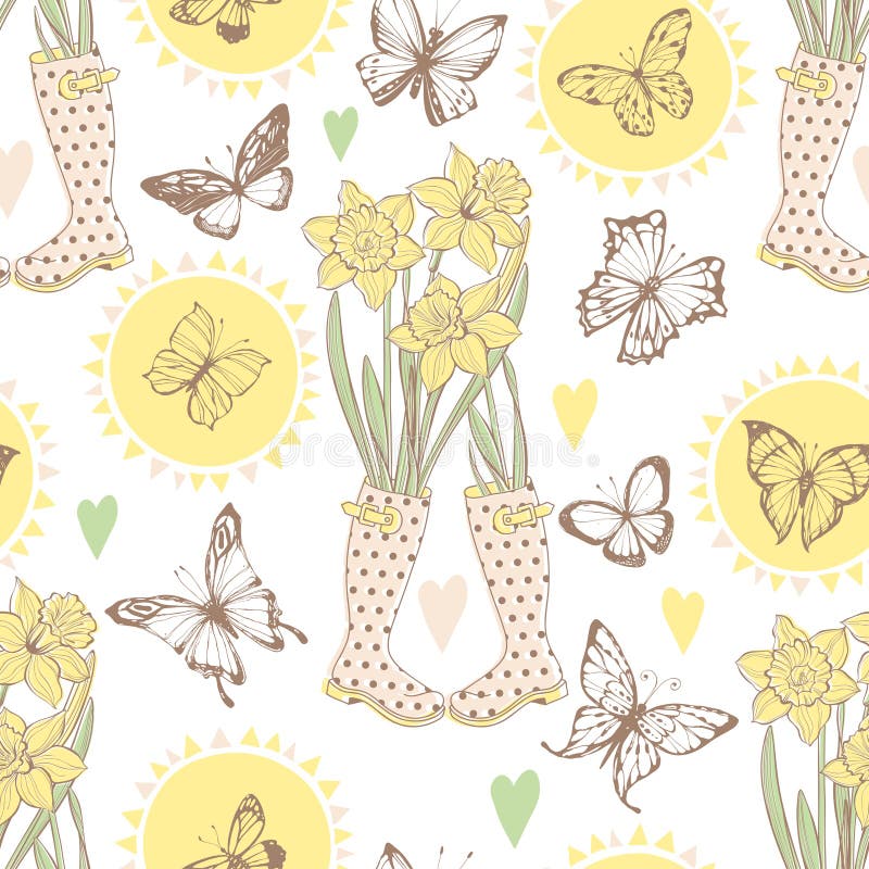 Spring Seamless Pattern with Birds, Flowering Trees and Birdhouses ...