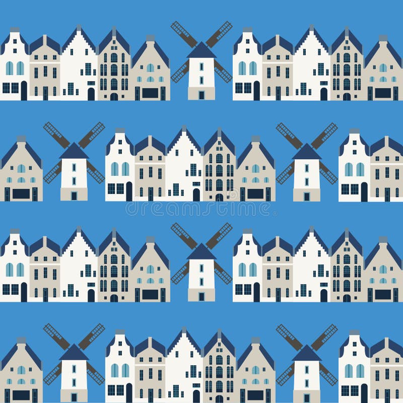 Seamless Vector Pattern with Traditional Dutch Houses and Mills Stock ...