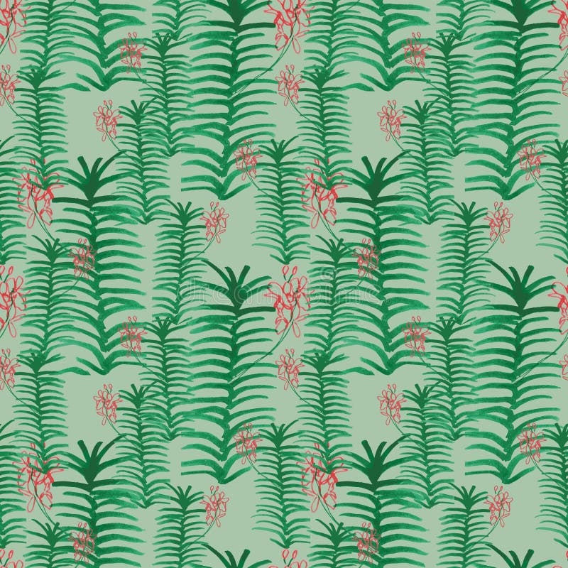 Seamless Vector Pattern with Tropical Hand Sketches Orchid Leaves and ...