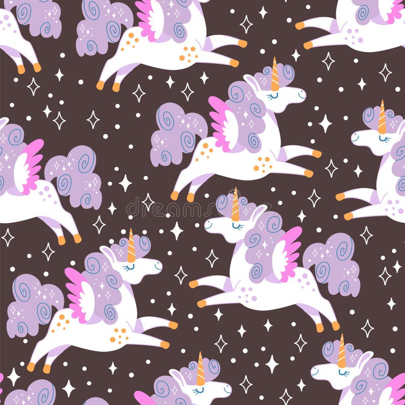Seamless Vector Pattern Unicorns Purple Main Brown Illustration Stock ...