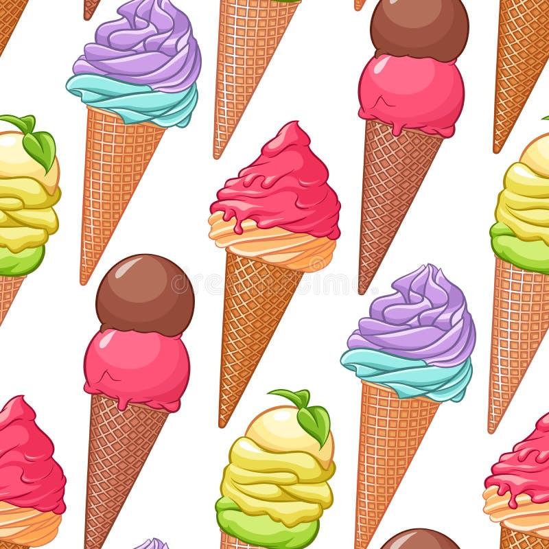 Seamless Vector Pattern Of Varied Colorful Ice Cream Cones Stock