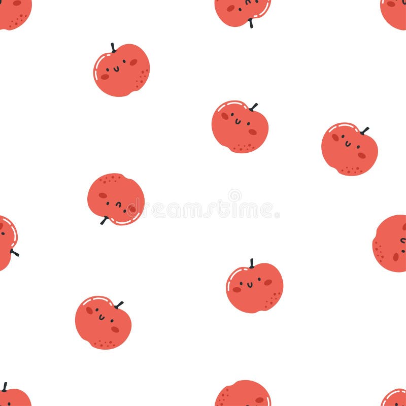 Seamless Vector Pattern on White Background. Cute Red Apples with ...