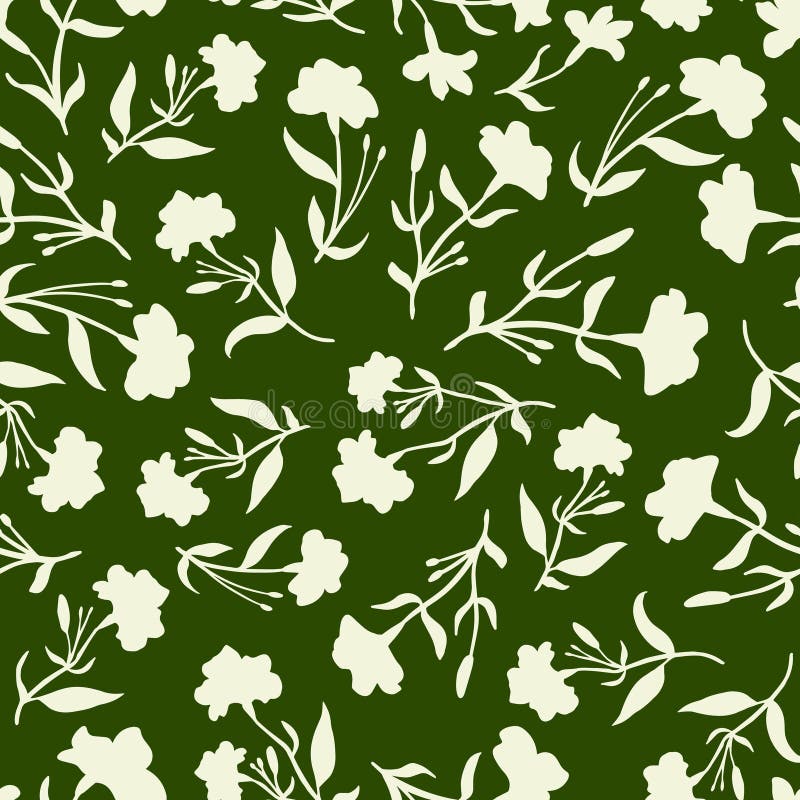 Seamless Vector Pattern White Flower Silhouettes on Dark Green, Textile ...