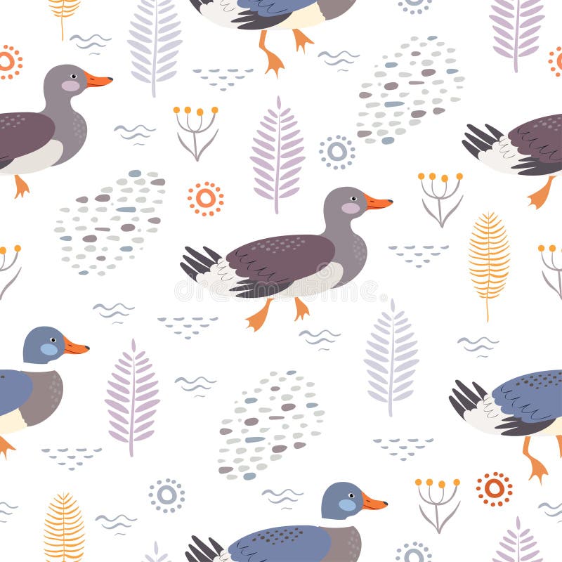 Seamless Vector Pattern with Wild Ducks and Plants. Stock Vector ...