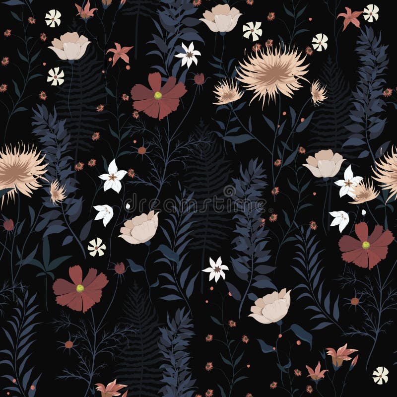 Seamless Vector Pattern with Wild Flowers, Leaves, Stock Vector ...