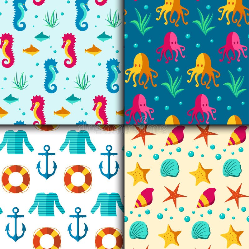 Seamless Vector Patterns with Nautical Elements Wave Marine Collection Paper Sea Background ...