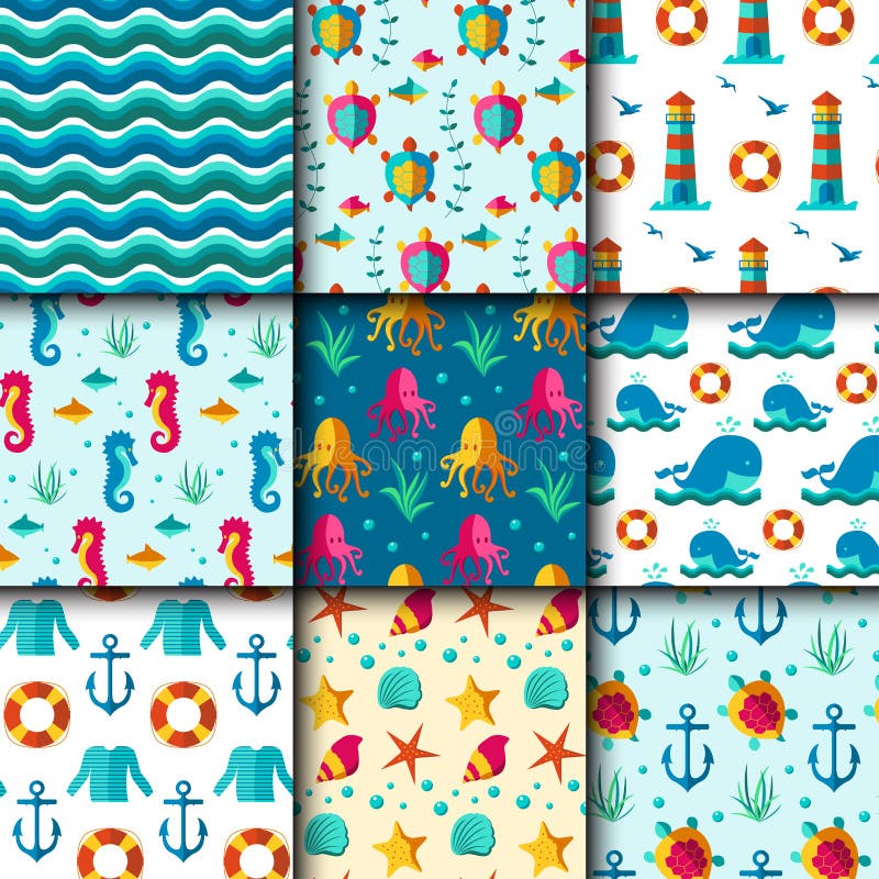 Sea Seamless Patterns Vector Collection Stock Illustrations – 933 Sea ...