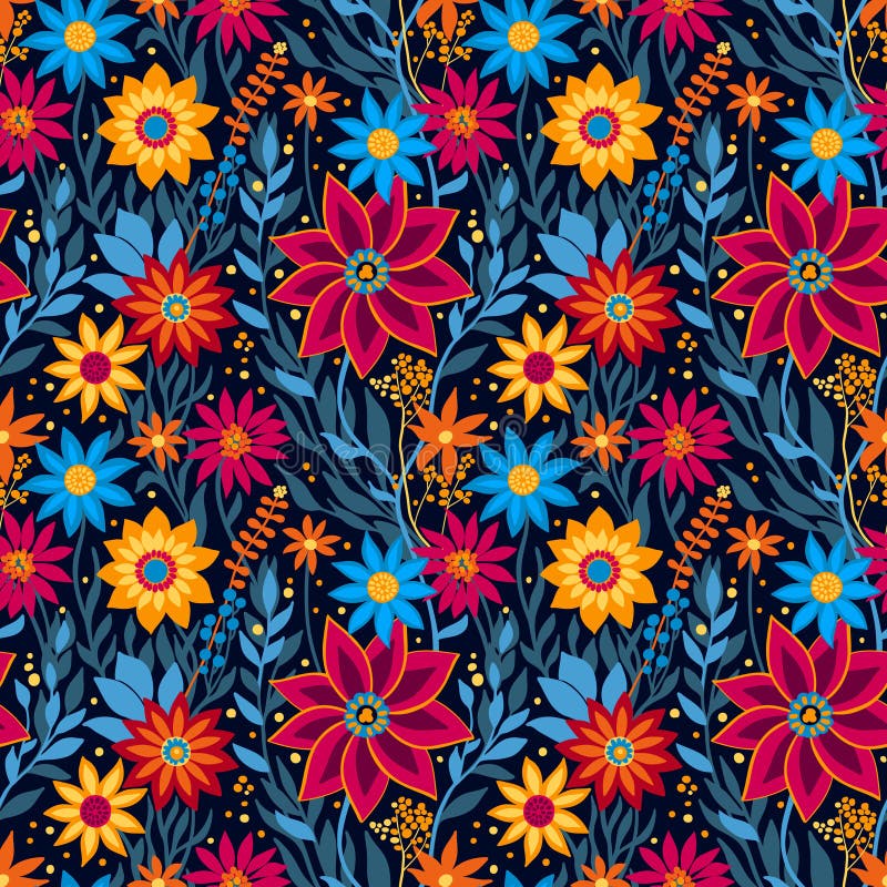 Seamless Vector Random Pattern of Flower Field Bright Pink, Blue ...