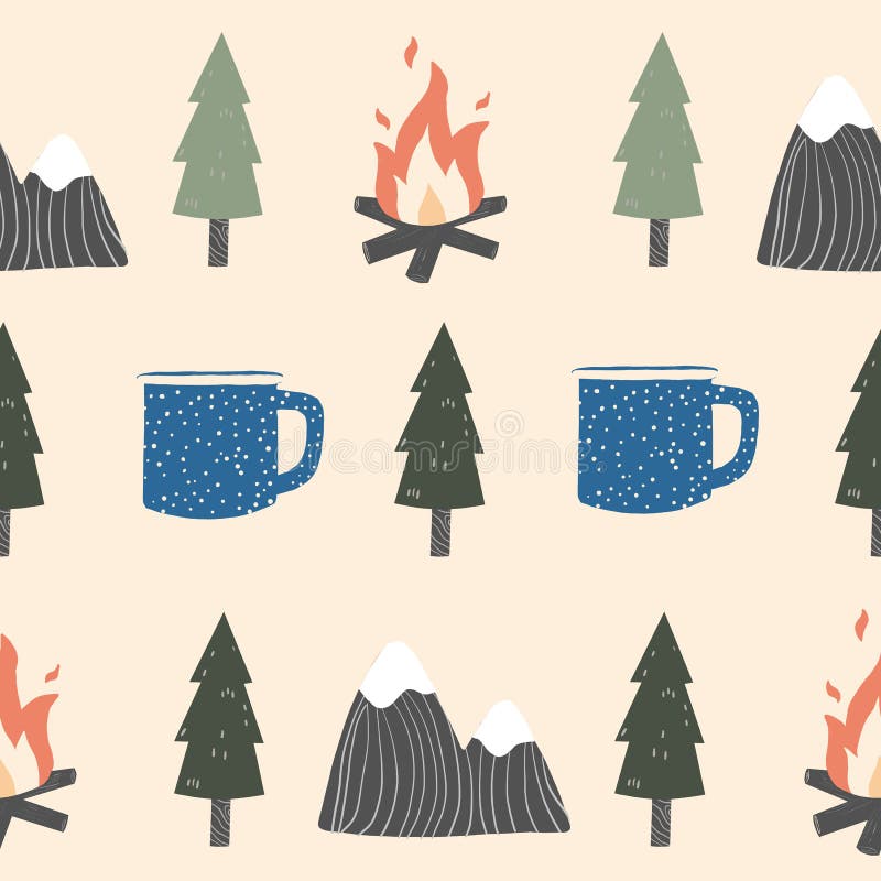 Seamless Vector Repeat Pattern of Outdoor Mountain Adventure Elements ...